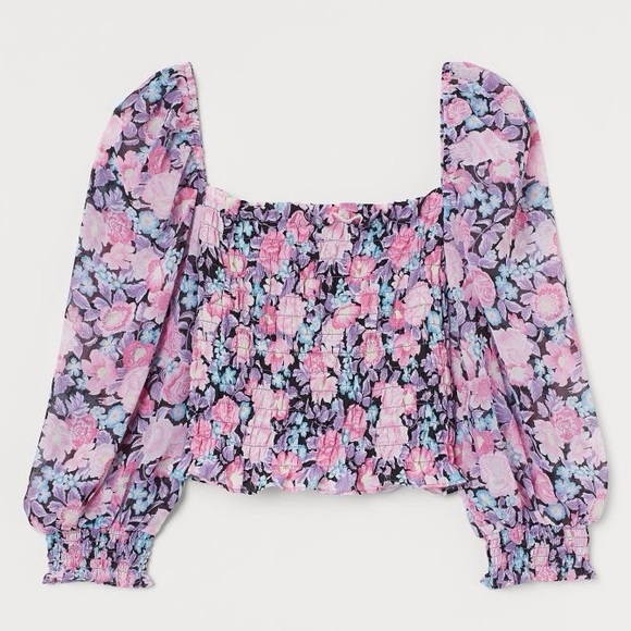 H&M | Tops | Hm Short Smocked Blouse Square Neckline Sheer Smock ...